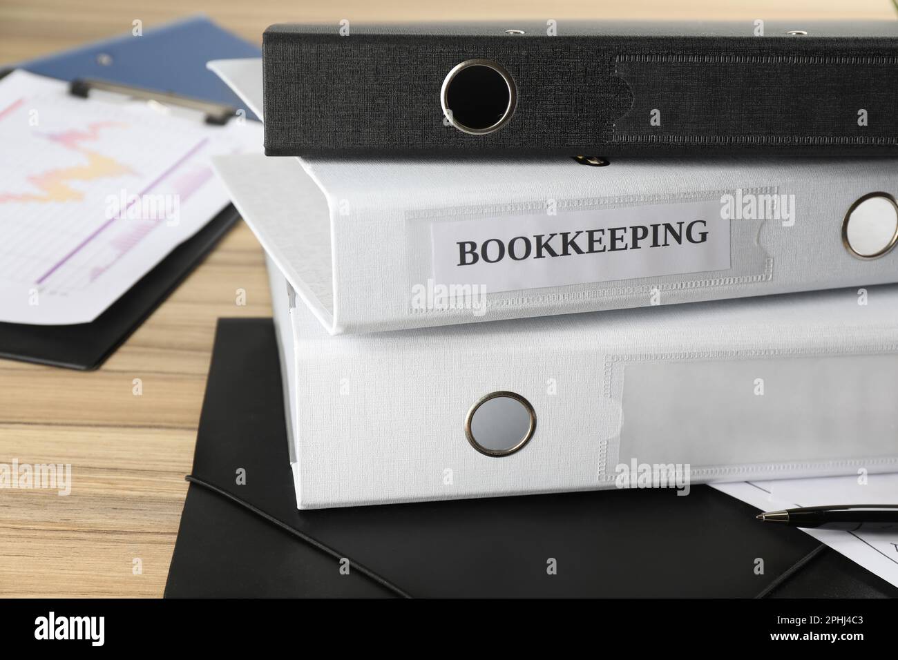 Stack of folders on desk in office. Bookkeeper's workplace Stock Photo ...