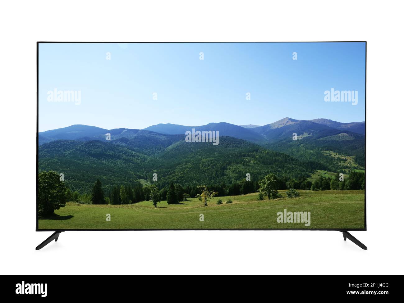 Modern wide screen TV monitor showing beautiful mountain landscape ...