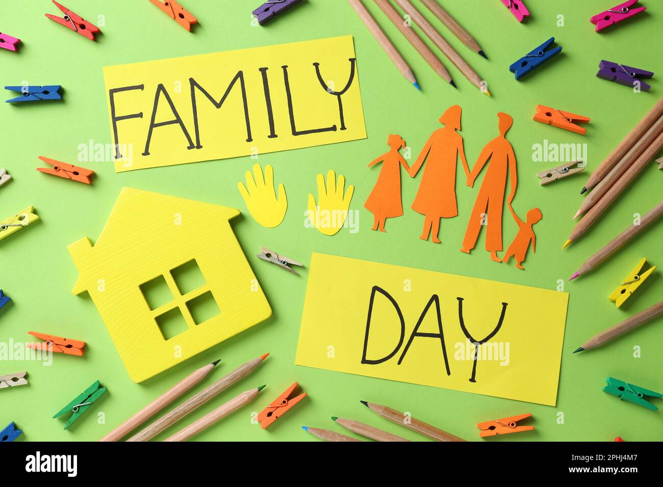 Happy Family Day. Cards with text, paper people cutout, house model and ...
