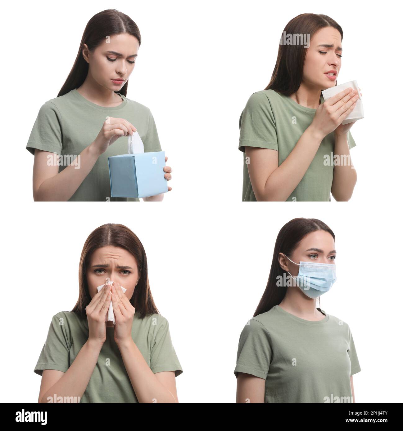 Collage with photos of woman with cold symptoms on white background ...