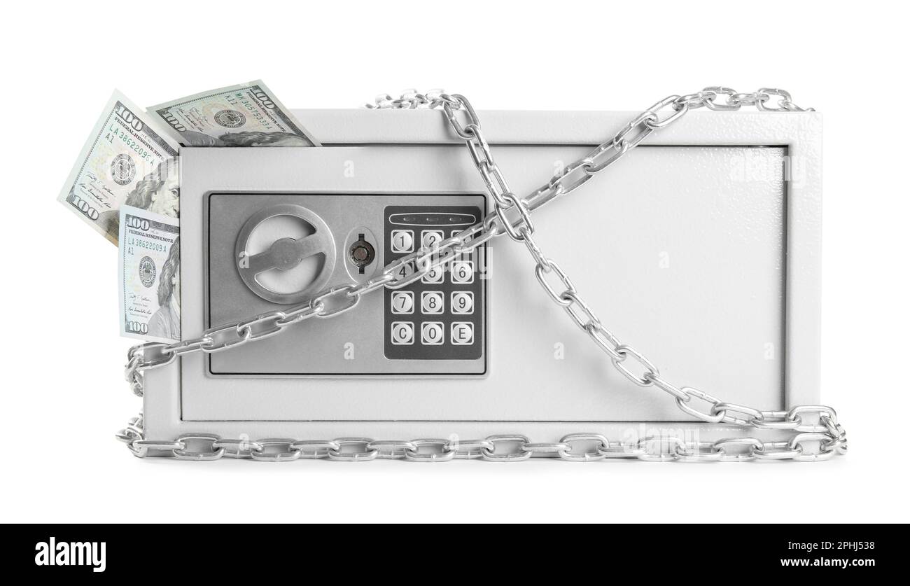 Steel safe with money and chain isolated on white Stock Photo - Alamy
