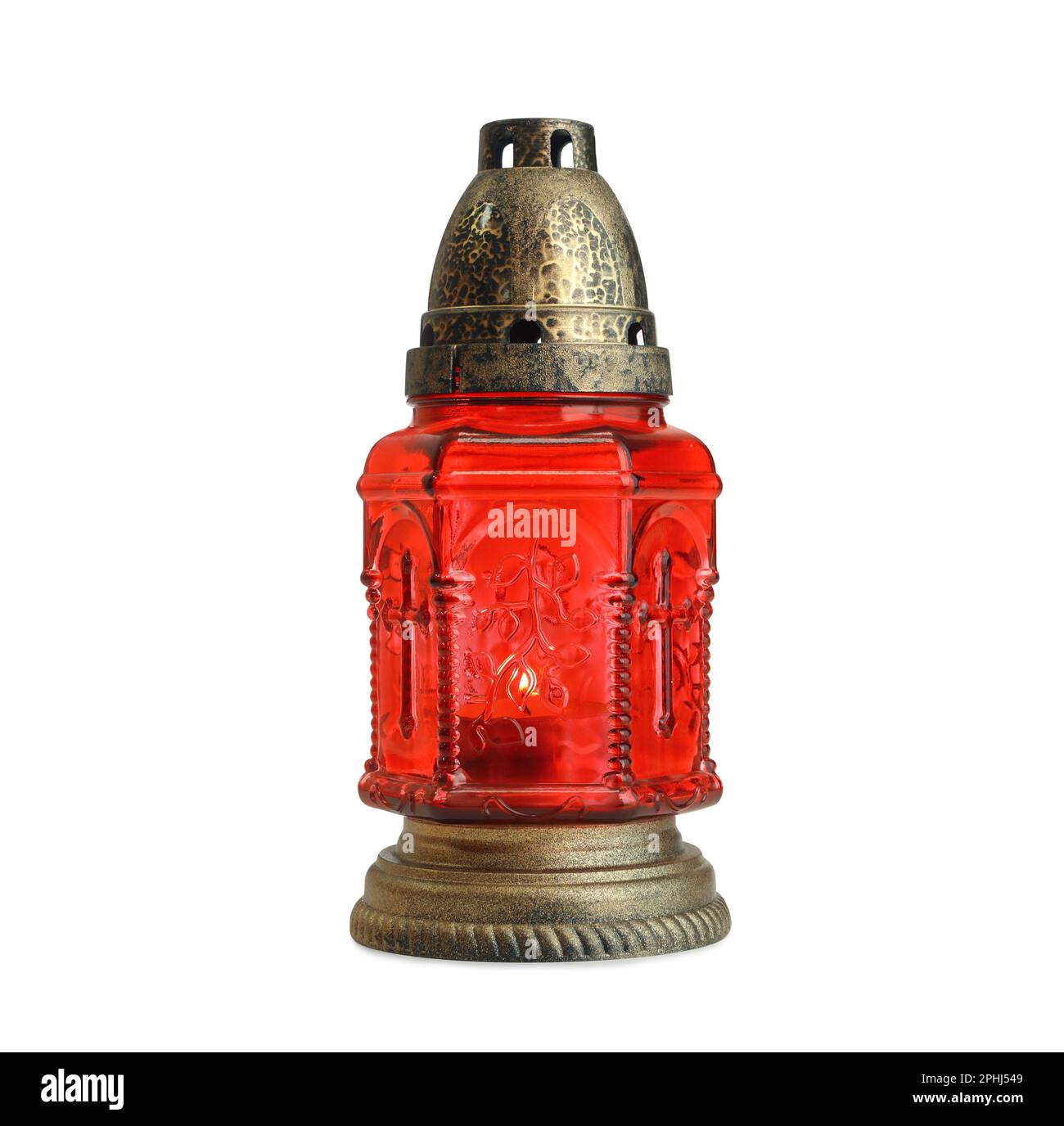 Red grave light with burning candle isolated on white. Symbol of ...