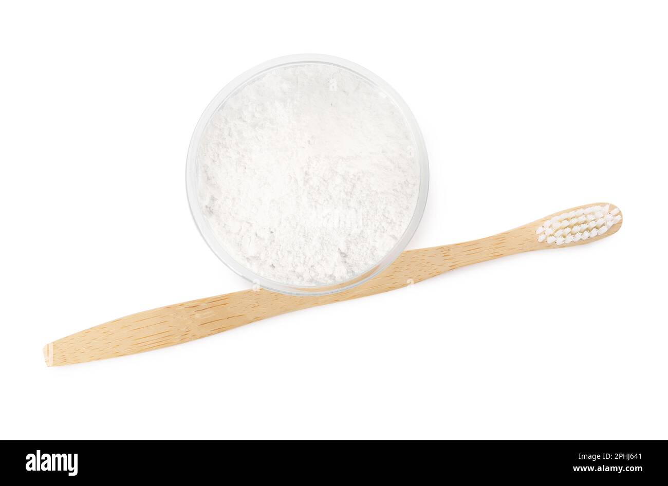 Bowl of tooth powder and brush on white background, top view Stock ...