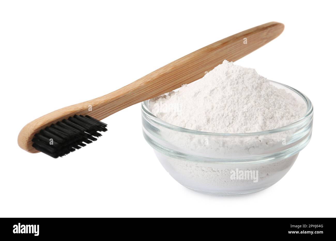 Glass bowl of tooth powder and brush on white background Stock Photo ...