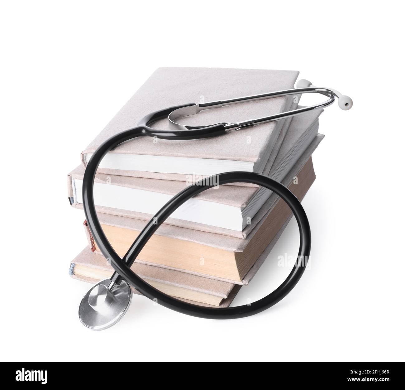 Stack of student textbooks and stethoscope on white background. Medical ...