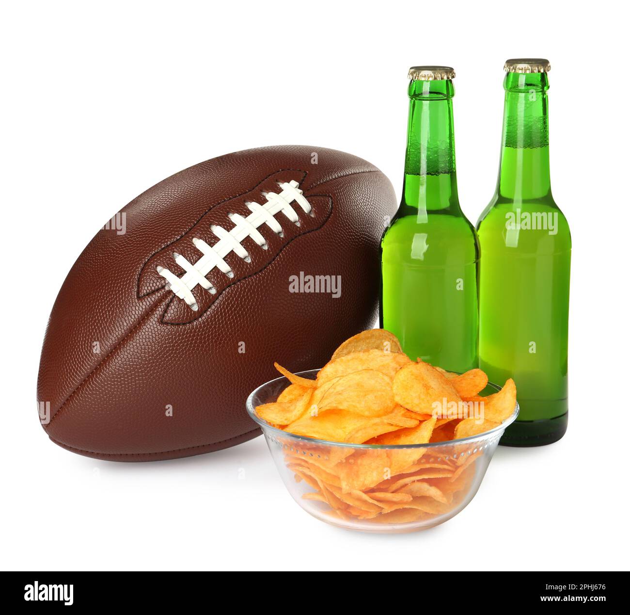 American football ball, beer and chips on white background Stock Photo ...