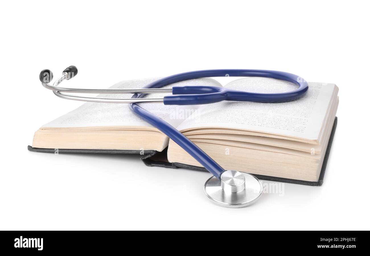 Open student textbook and stethoscope on white background. Medical ...