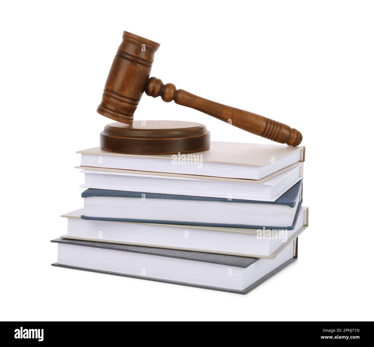 Wooden gavel and stack of books on white background Stock Photo - Alamy