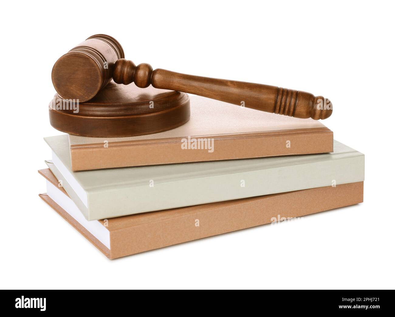 Wooden gavel and stack of books on white background Stock Photo - Alamy
