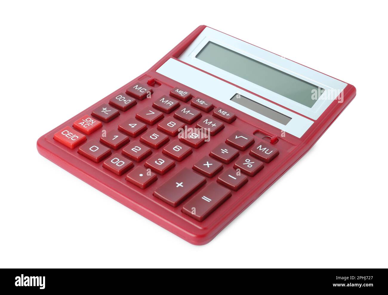 Red calculator on white background. Office equipment Stock Photo - Alamy