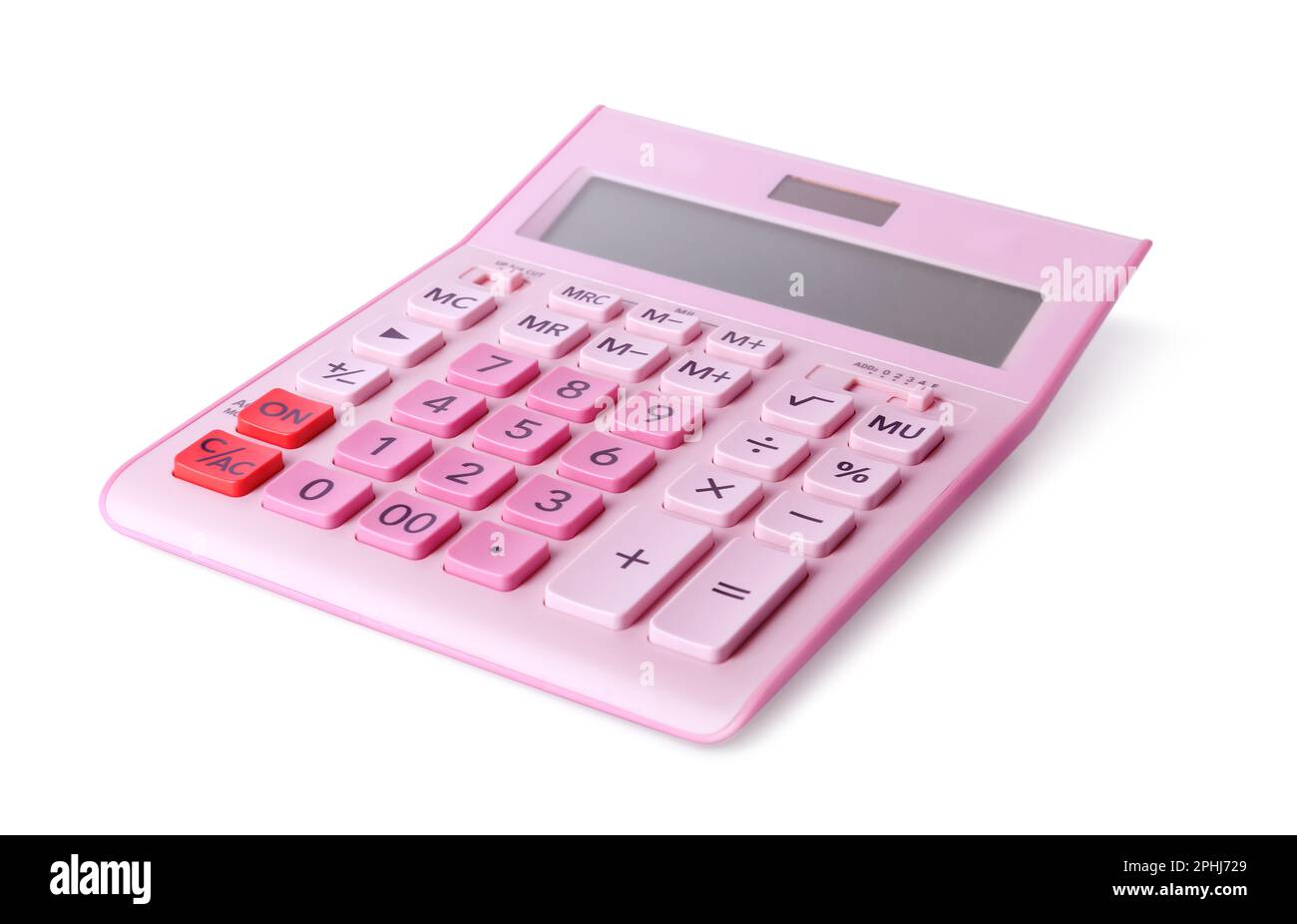 Pink calculator on white background. School stationery Stock Photo - Alamy