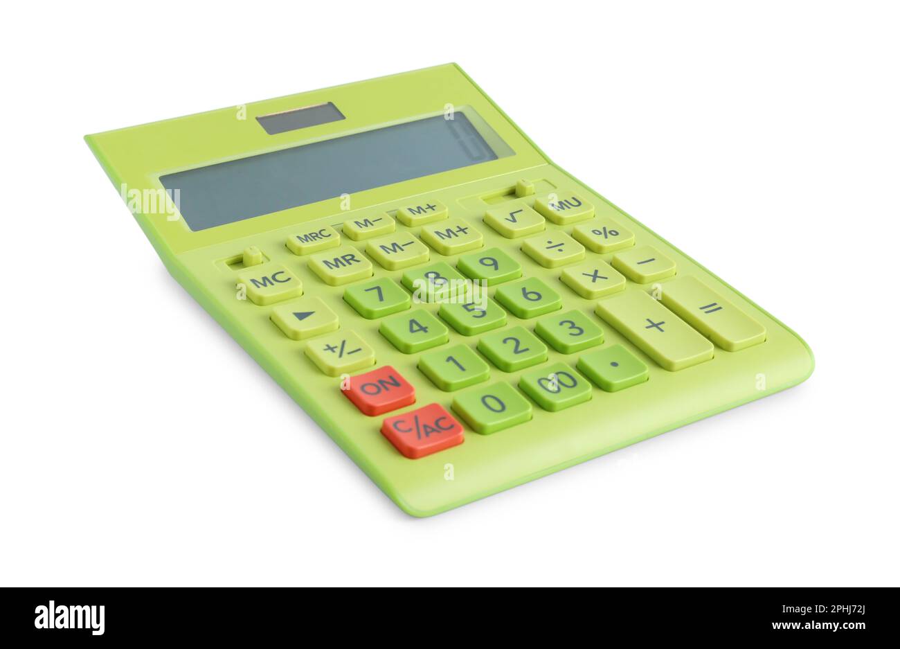 Green calculator on white background. Office equipment Stock Photo - Alamy