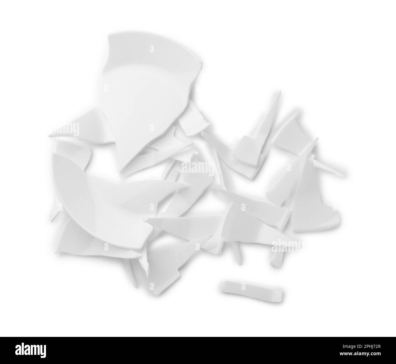 Pieces of broken ceramic plate on white background, top view Stock ...