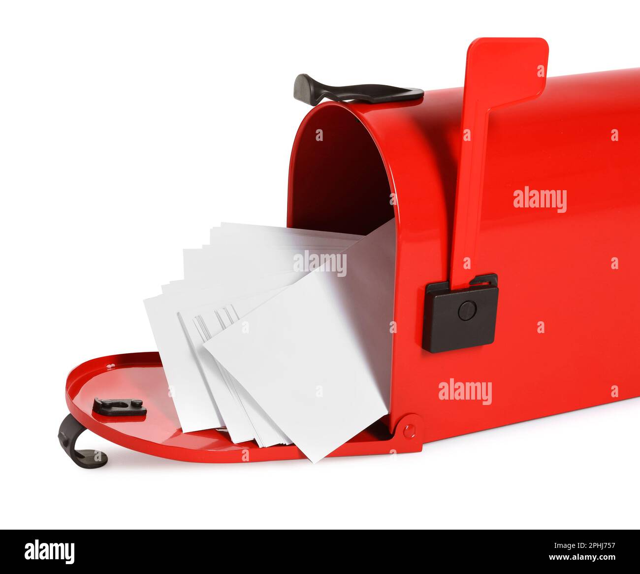 Red letter box with envelopes on white background Stock Photo - Alamy
