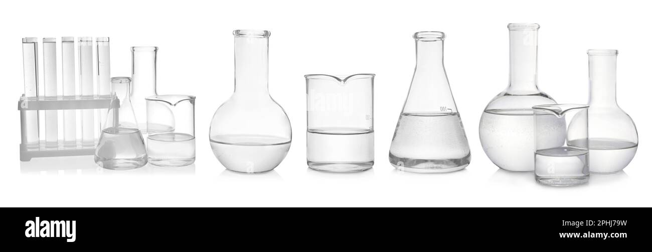 Set of different laboratory glassware on white background, banner ...