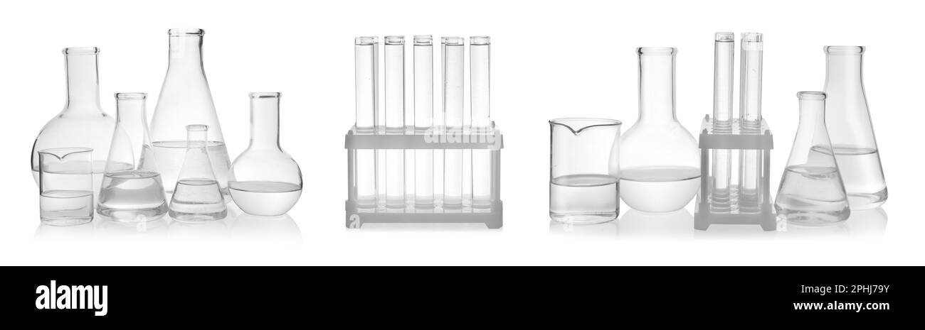 Set of different laboratory glassware on white background, banner ...
