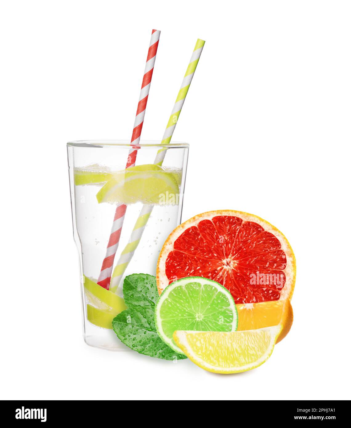 Glass with tasty lemonade, fresh ripe citrus fruits and green leaves on ...