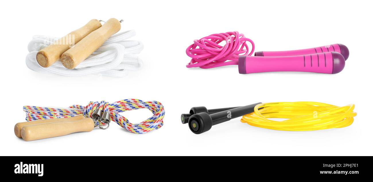 Set with different skipping ropes on white background. Banner design ...