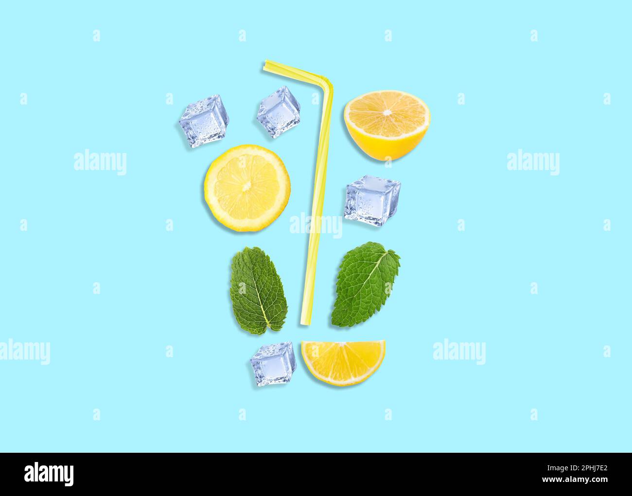 Creative lemonade layout with lemon slices, mint, ice cubes and straw ...