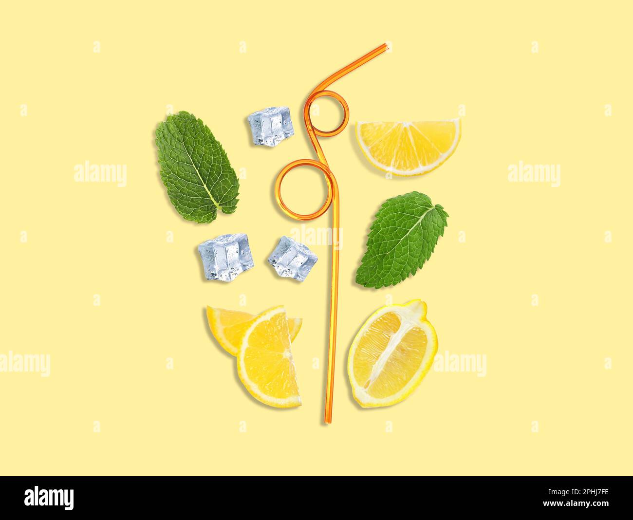 Creative lemonade layout with lemon slices, mint, ice cubes and straws ...