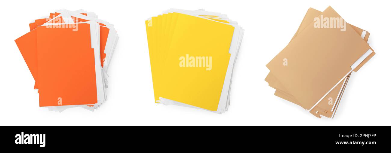 Set of different files with documents on white background, top view ...