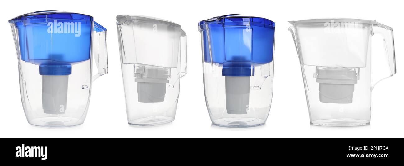 Set with empty water filter jugs on white background. Banner design ...