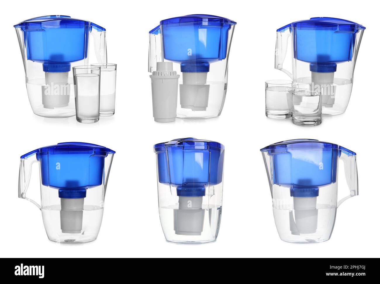 Set with water filter jugs and glasses on white background Stock Photo ...
