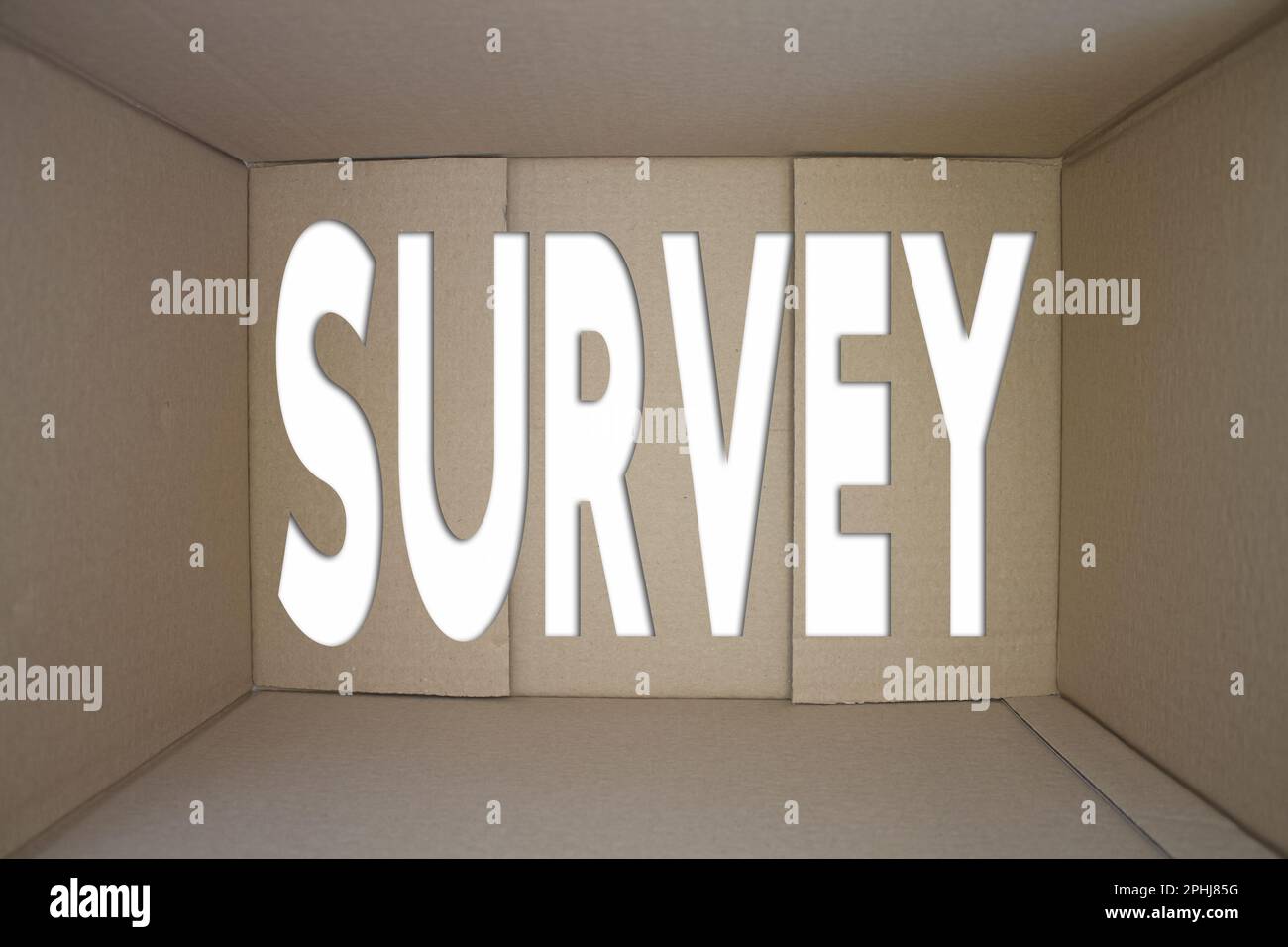 Survey word with cardboard box. Brown folded card box Stock Photo - Alamy