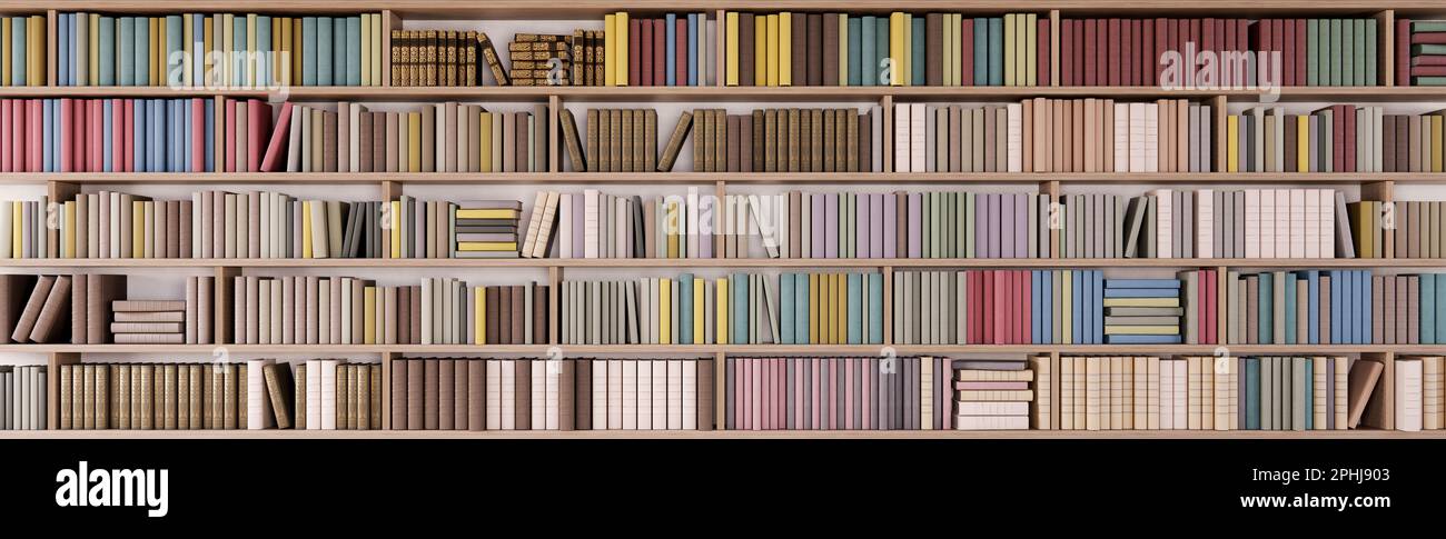 Bookshelves in the library with colorful books 3d render Stock Photo ...