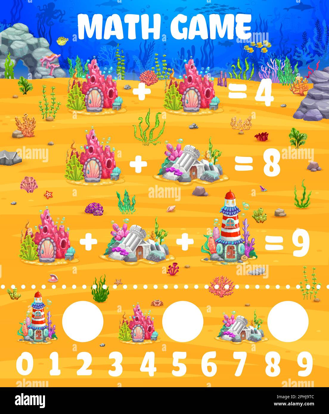 Math game worksheet cartoon fairytale underwater house buildings ...