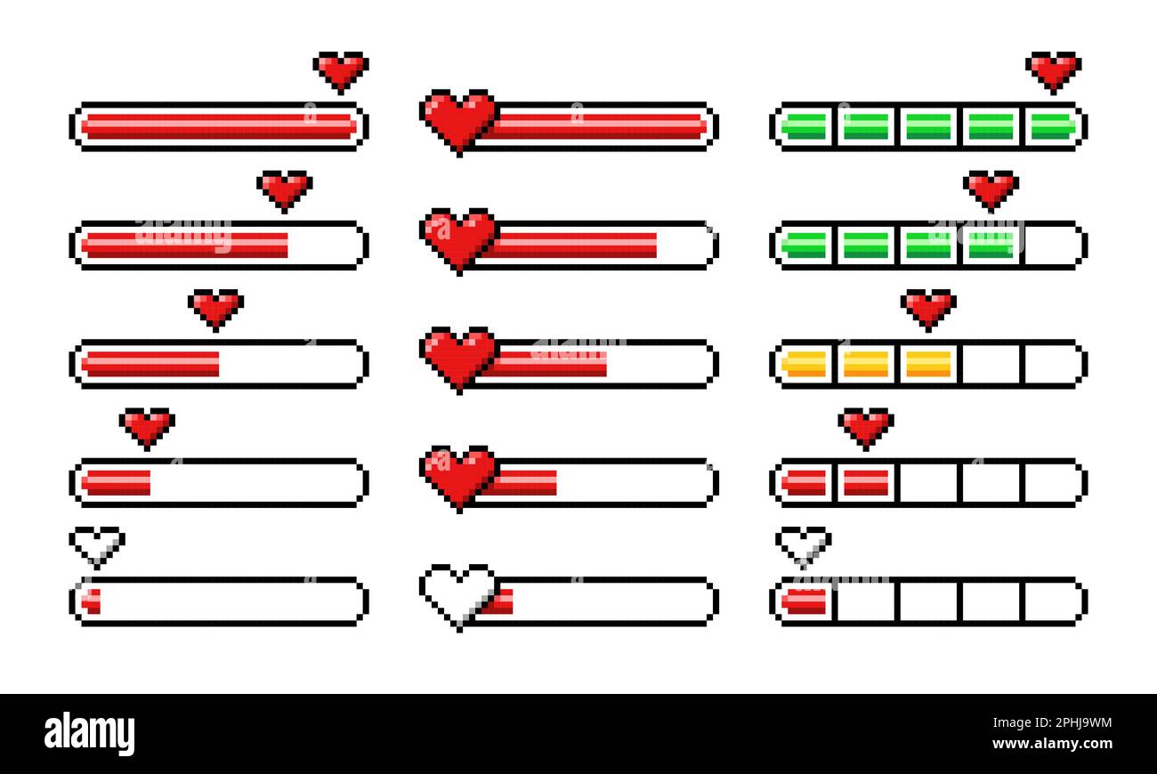 Pixel heart loading bars, 8 bit video game arcade assets and life ...