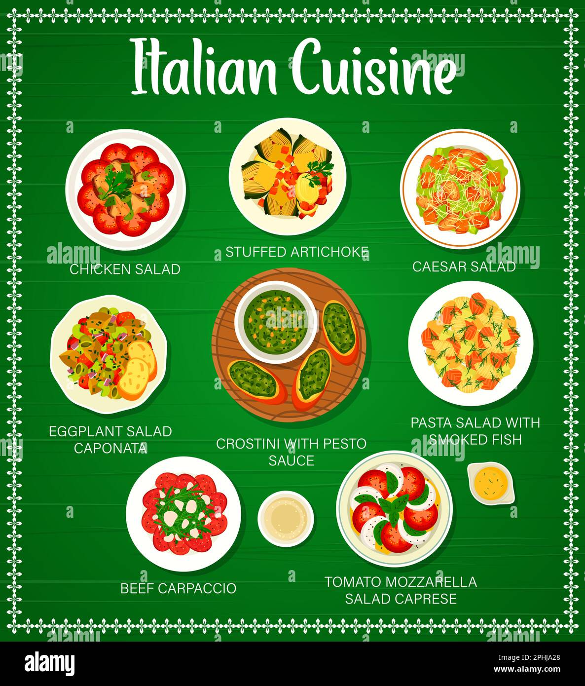 Italian cuisine menu page design. Stuffed artichoke, beef Carpaccio ...