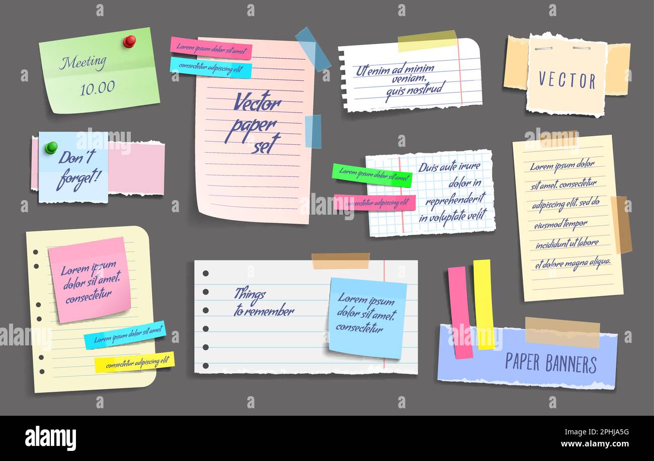 Paper notes, stickers, sticky sheets and tape. Vector set of to do list ...