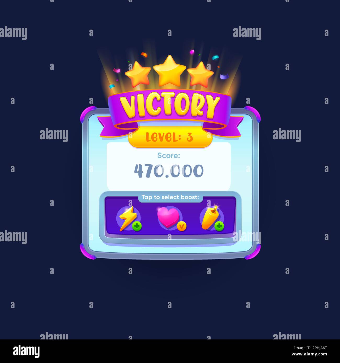 Game victory sign, banner or popup window. Vector award badge with golden stars, assets and ...