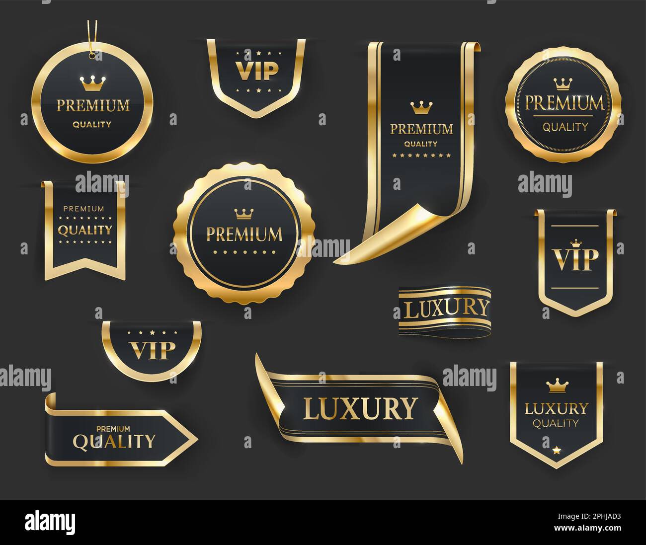 Golden luxury labels and banners, gold premium quality certificate ...