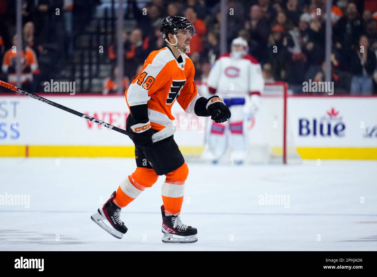 Philadelphia Flyers' Morgan Frost reacts after scoring a goal during ...