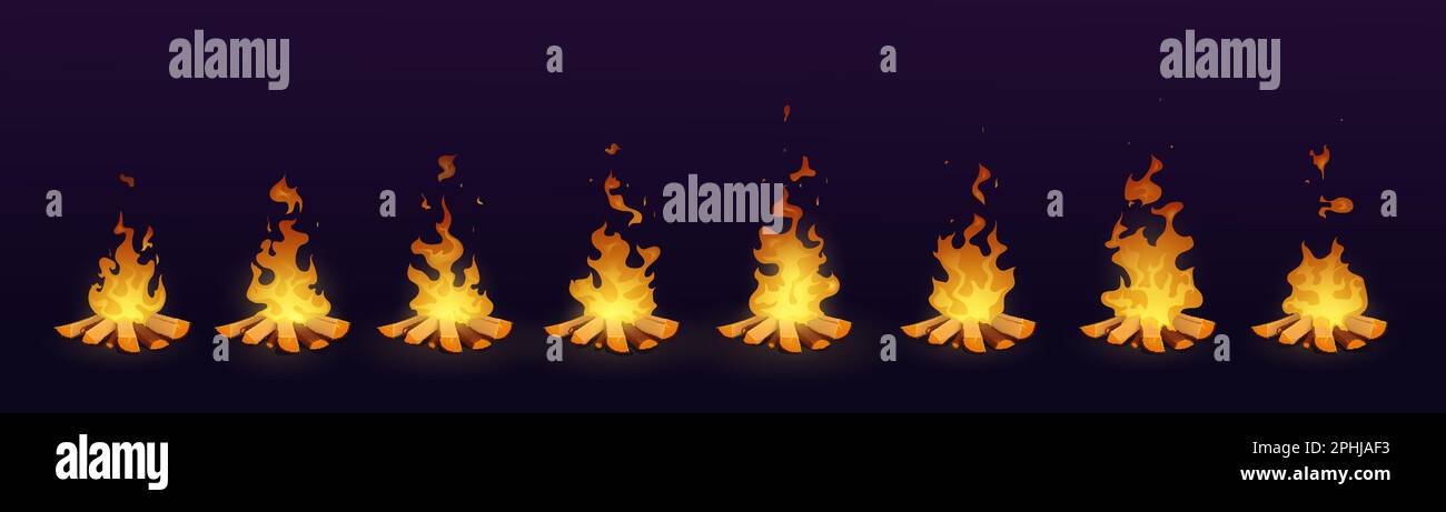 Bonfire animation, fire flame cartoon animated sprite, vector burning ...