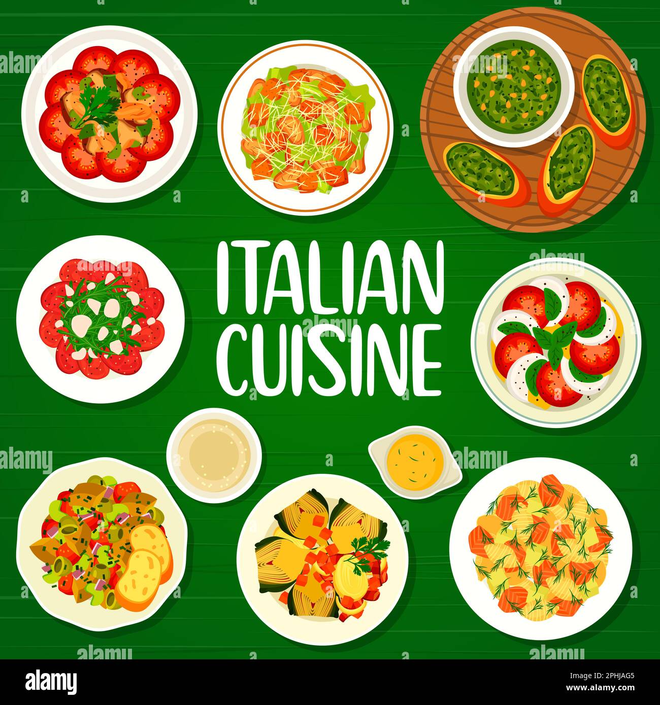 Italian cuisine menu cover template. Tomato mozzarella salad Caprese ...