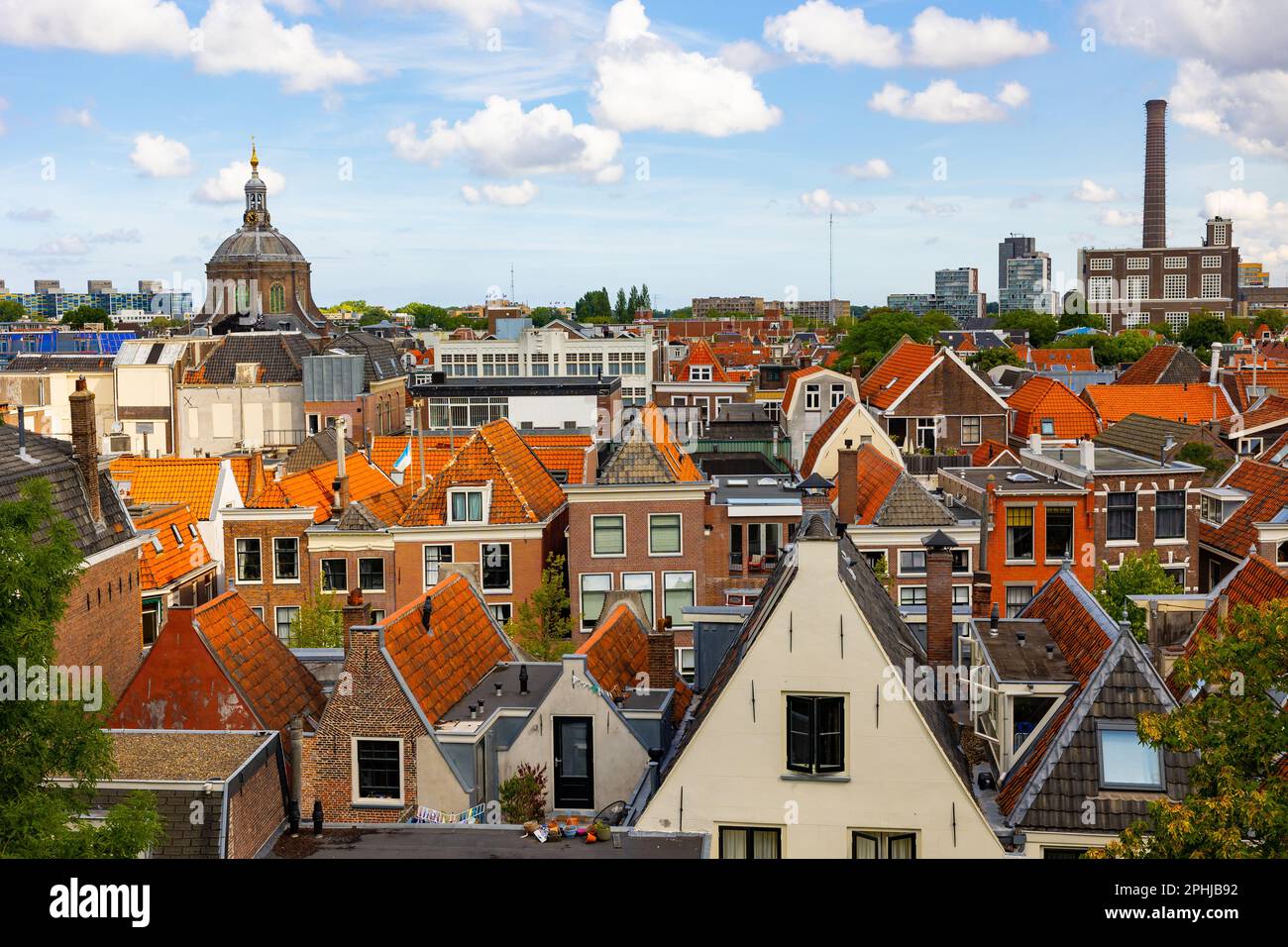 View from above of historic center of Leiden with St. Mary church and ...