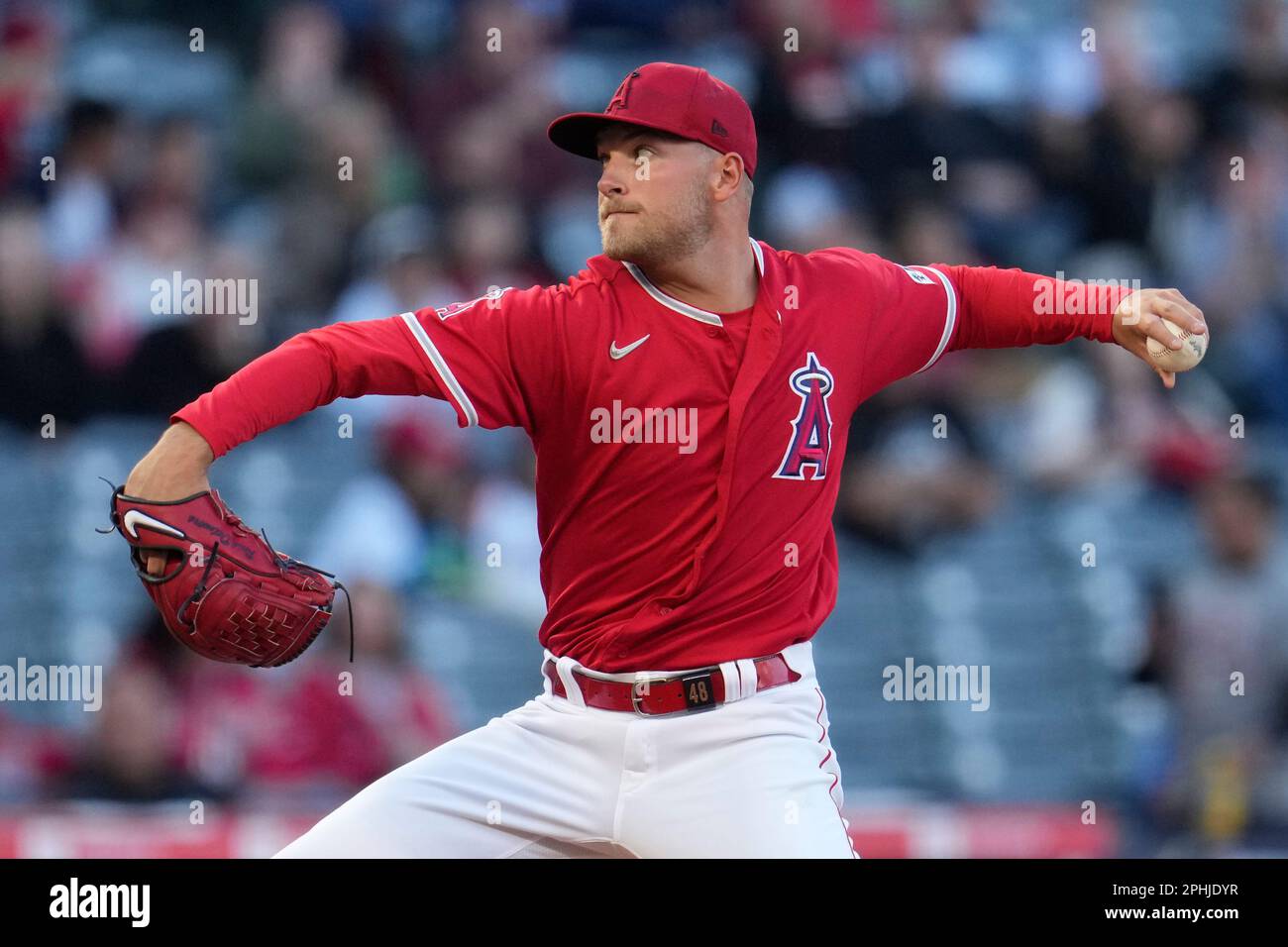 Los Angeles Angels starting pitcher Reid Detmers throws to Los Angeles ...