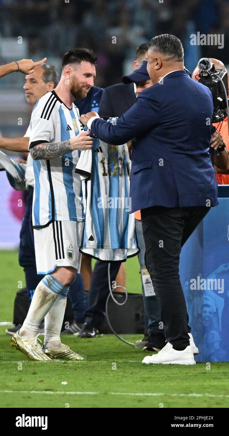 Santiago del Estero, Argentina, 28th Mar, 2023. Lionel Messi, receives ...