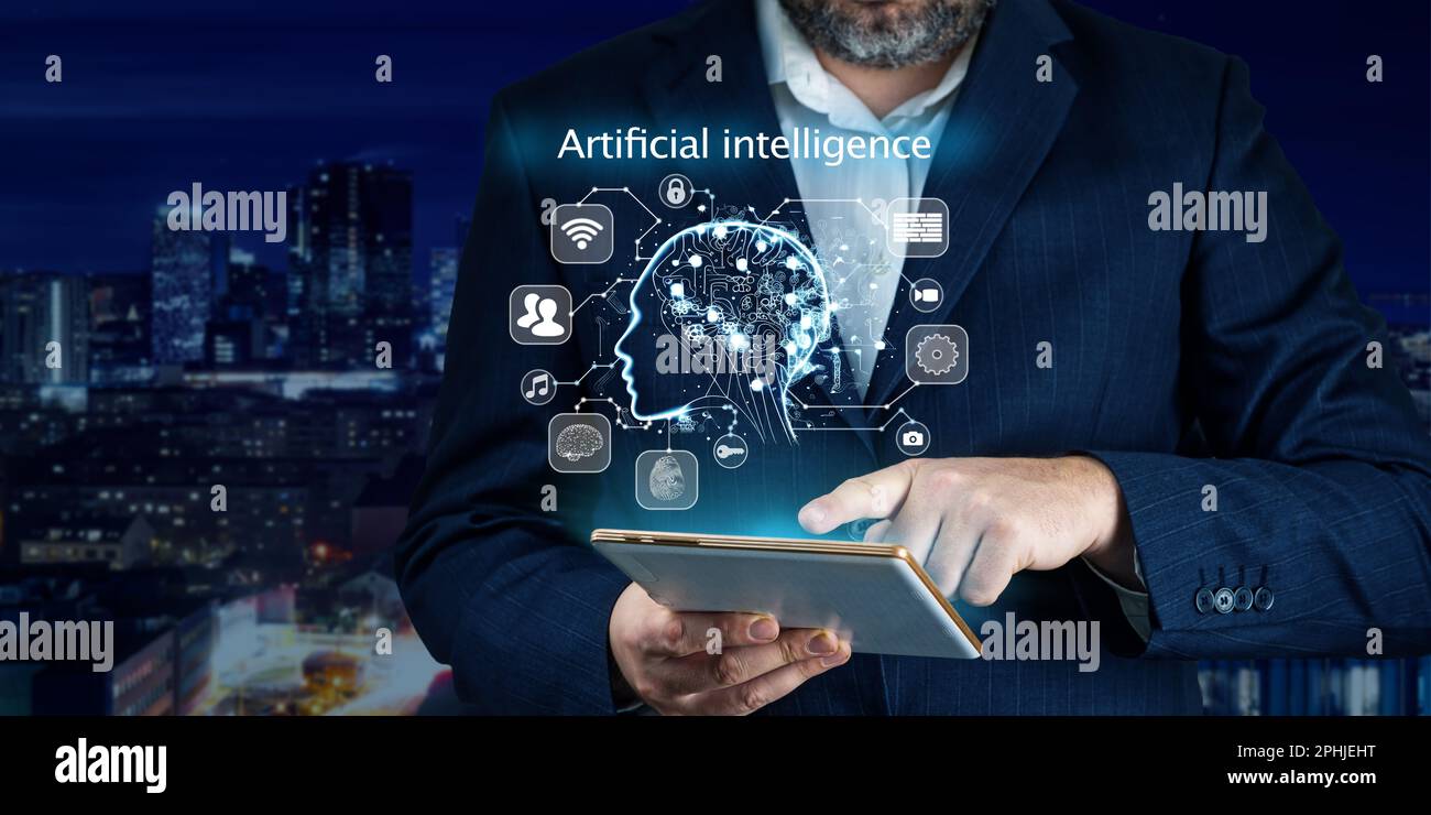 Artificial intelligence, AI chat bot concept. Businessman hands using tablet. ai chatbot ...