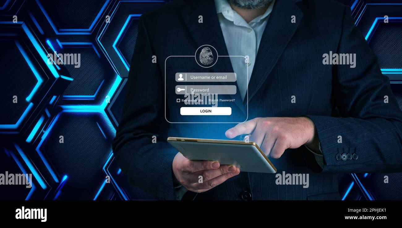 Login using digital device. Man hand using online banking E-commerce ...