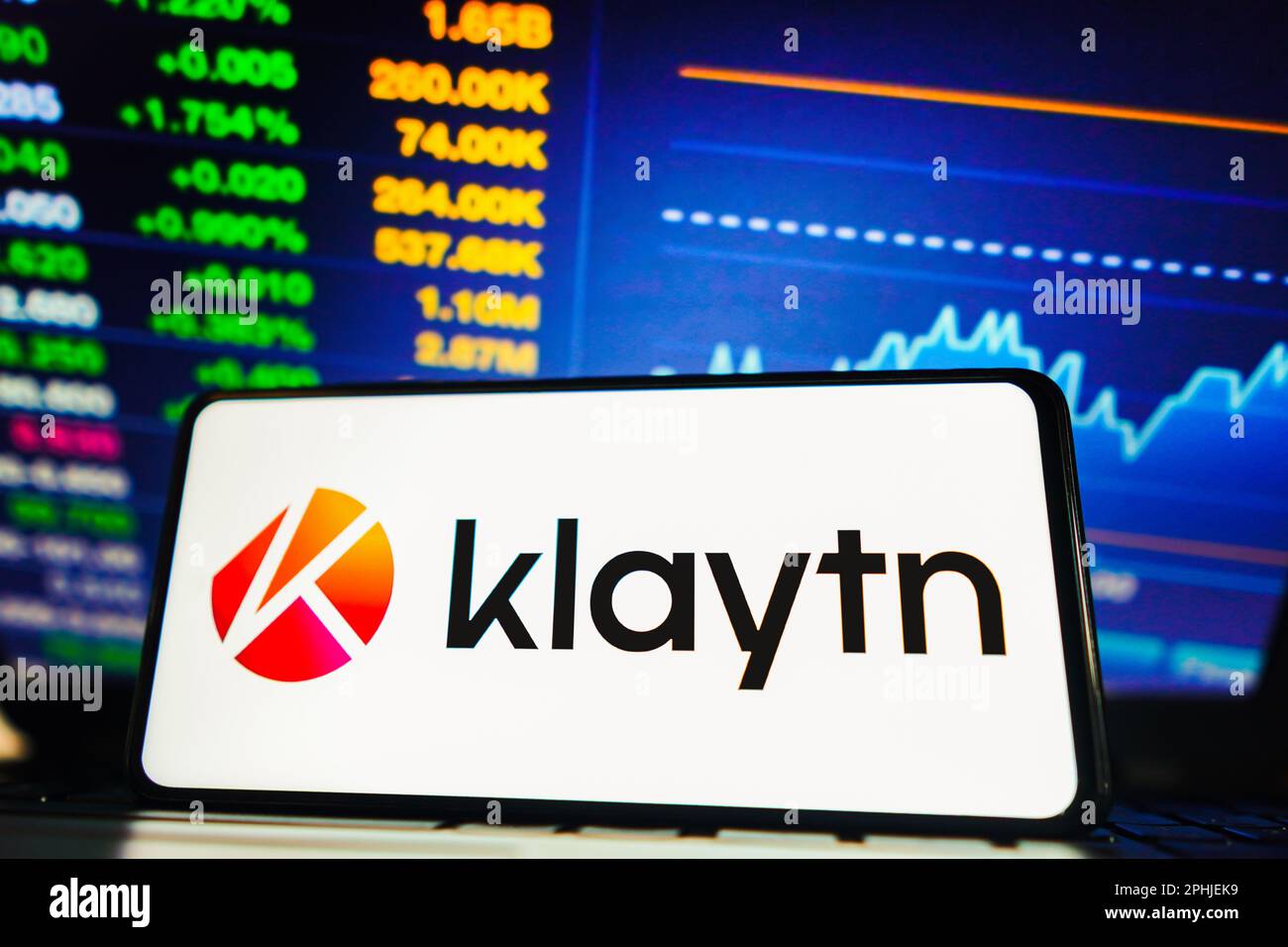 Brazil. 28th Mar, 2023. In this photo illustration, the Klaytn (KLAY) logo is displayed on a ...