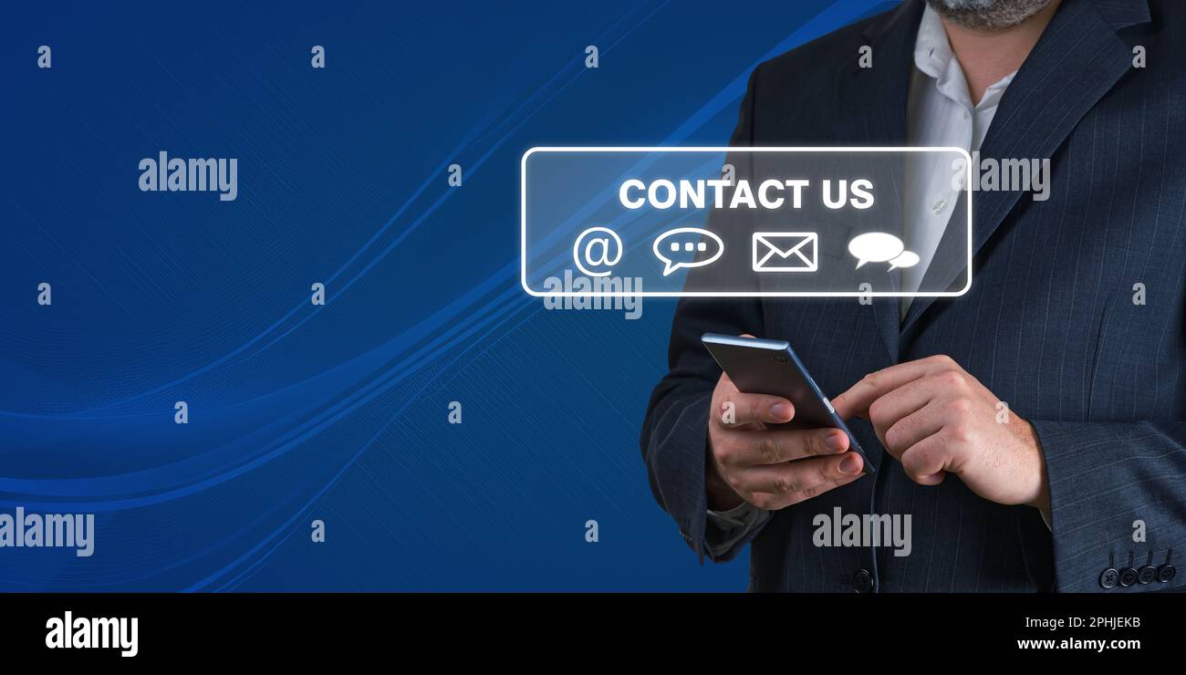 Concept of contact us. businessman using digital device to get online ...