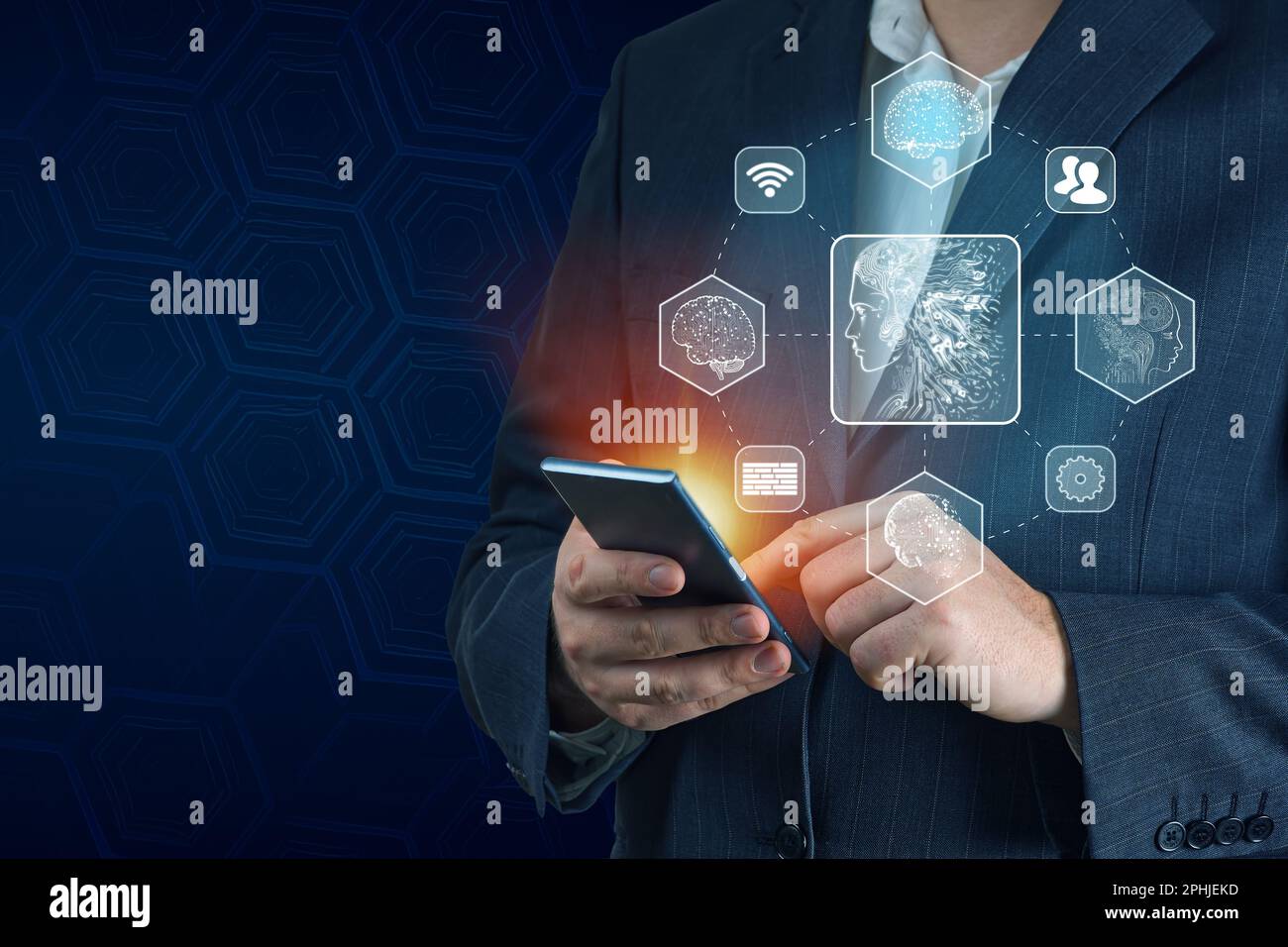 AI, Chat bot and future marketing concept, businessman hand holding ...