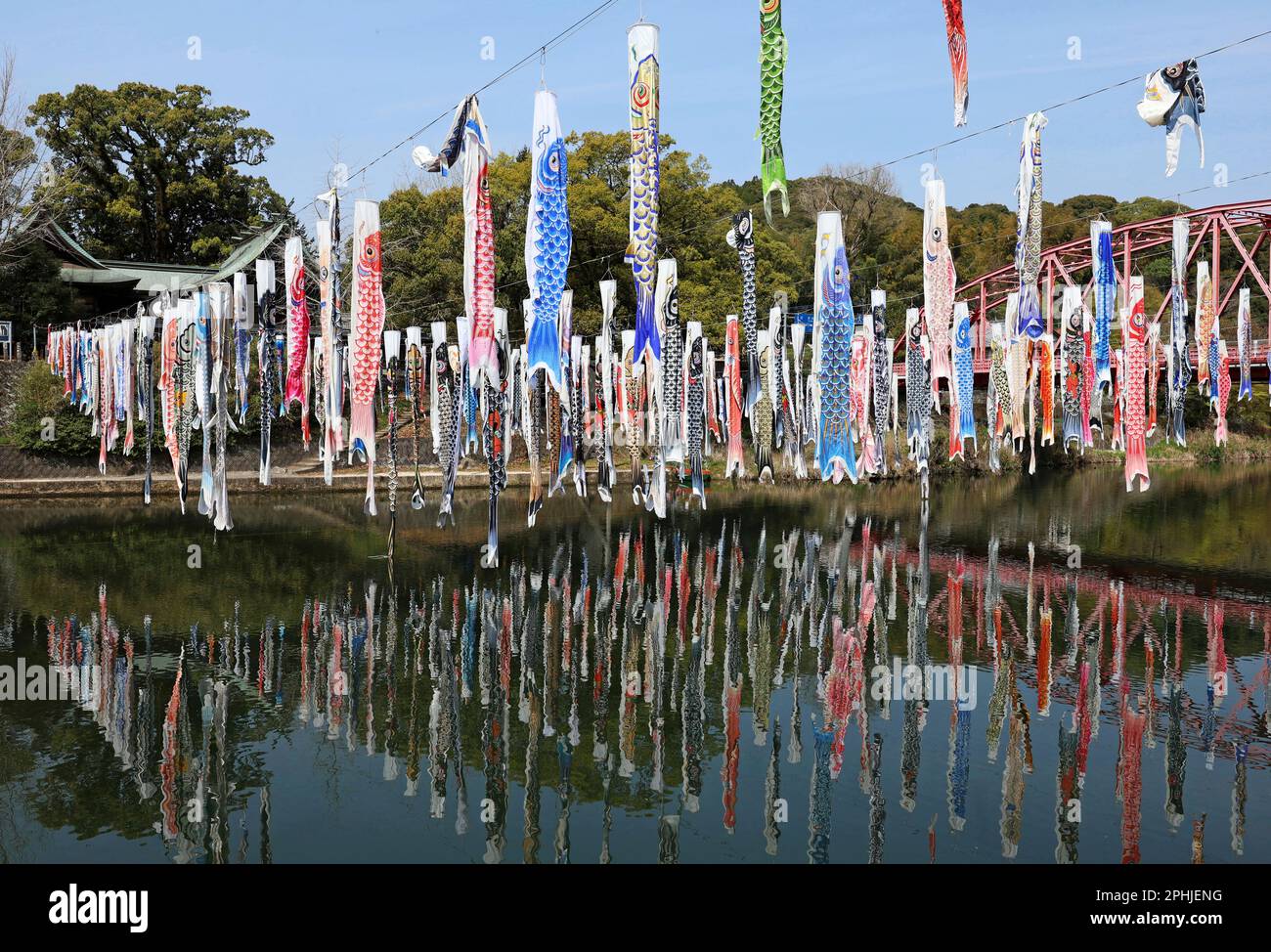 Colorful carp streamers are hung over the surface of the river in Saga ...