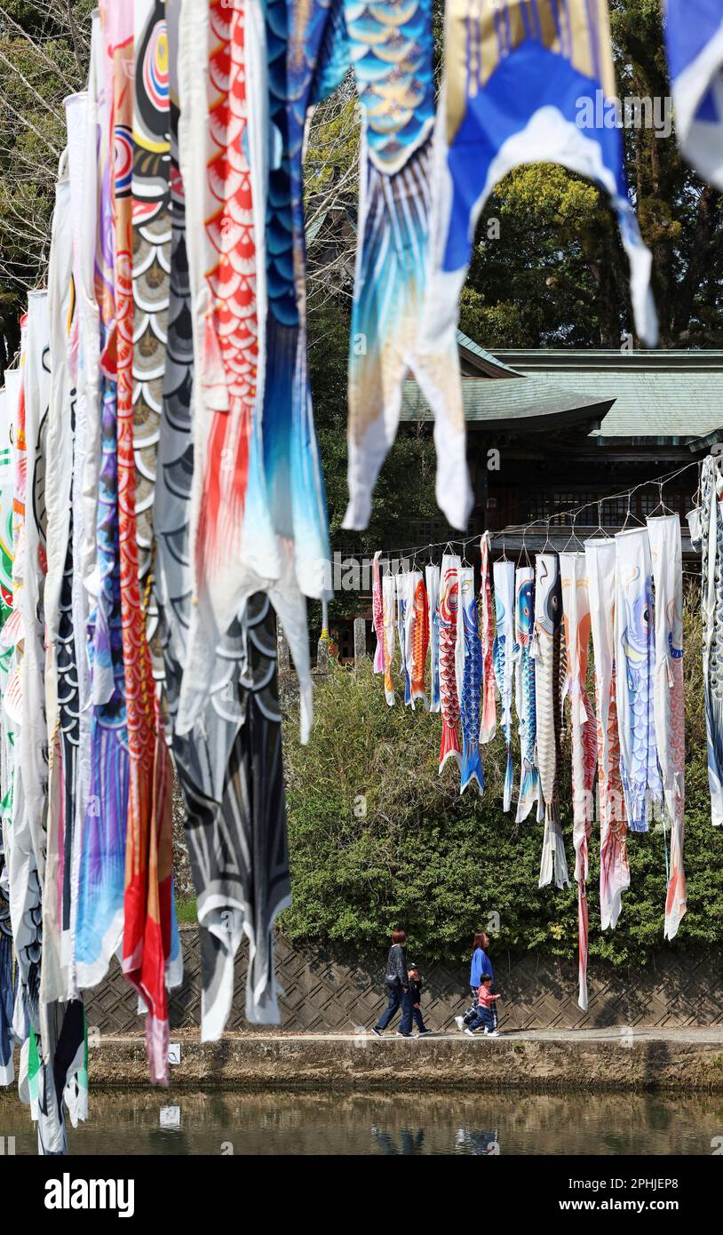 Colorful carp streamers are hung over the surface of the river in Saga ...