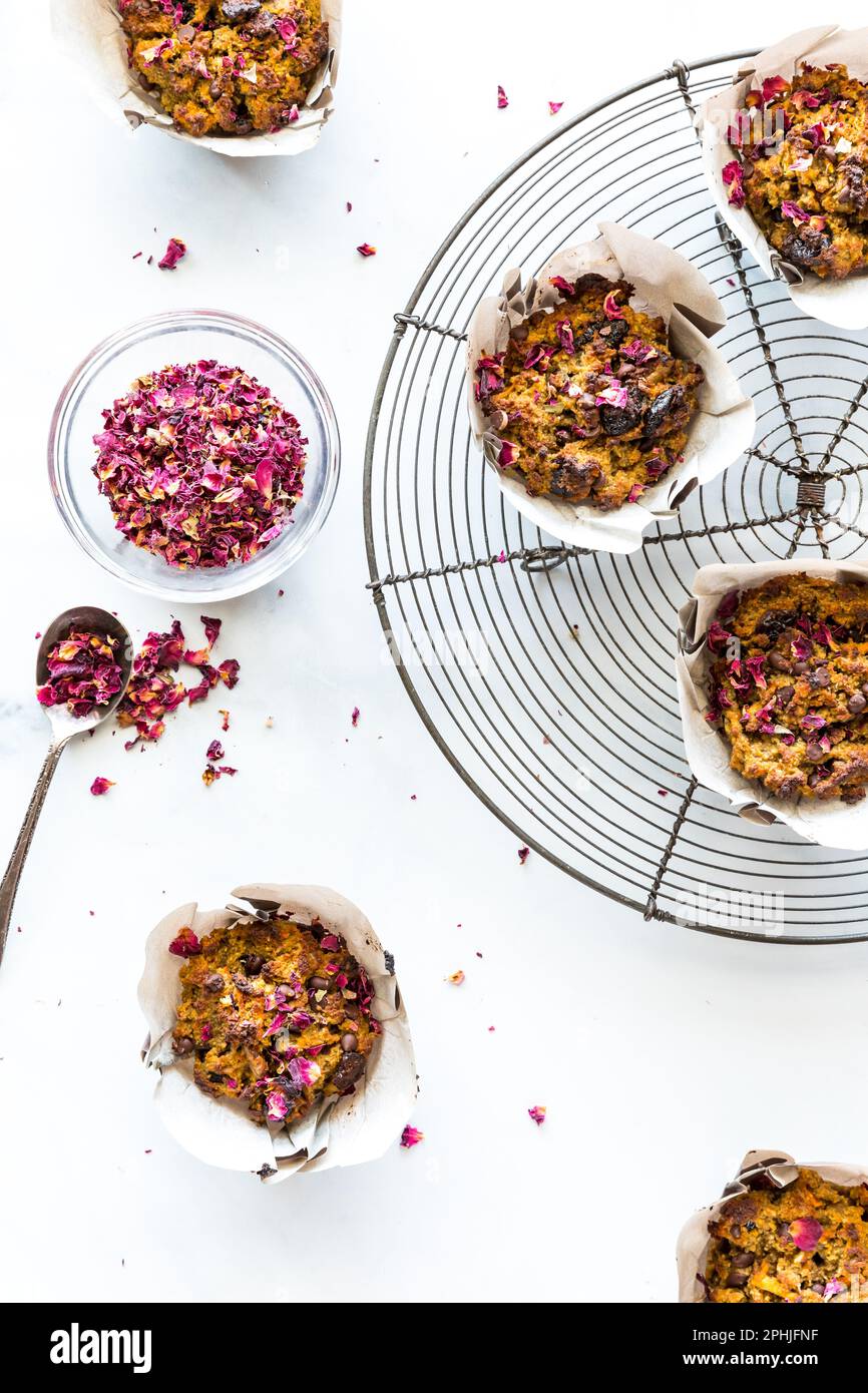 Morning Glory muffins garnished with edible rose petals Stock Photo - Alamy