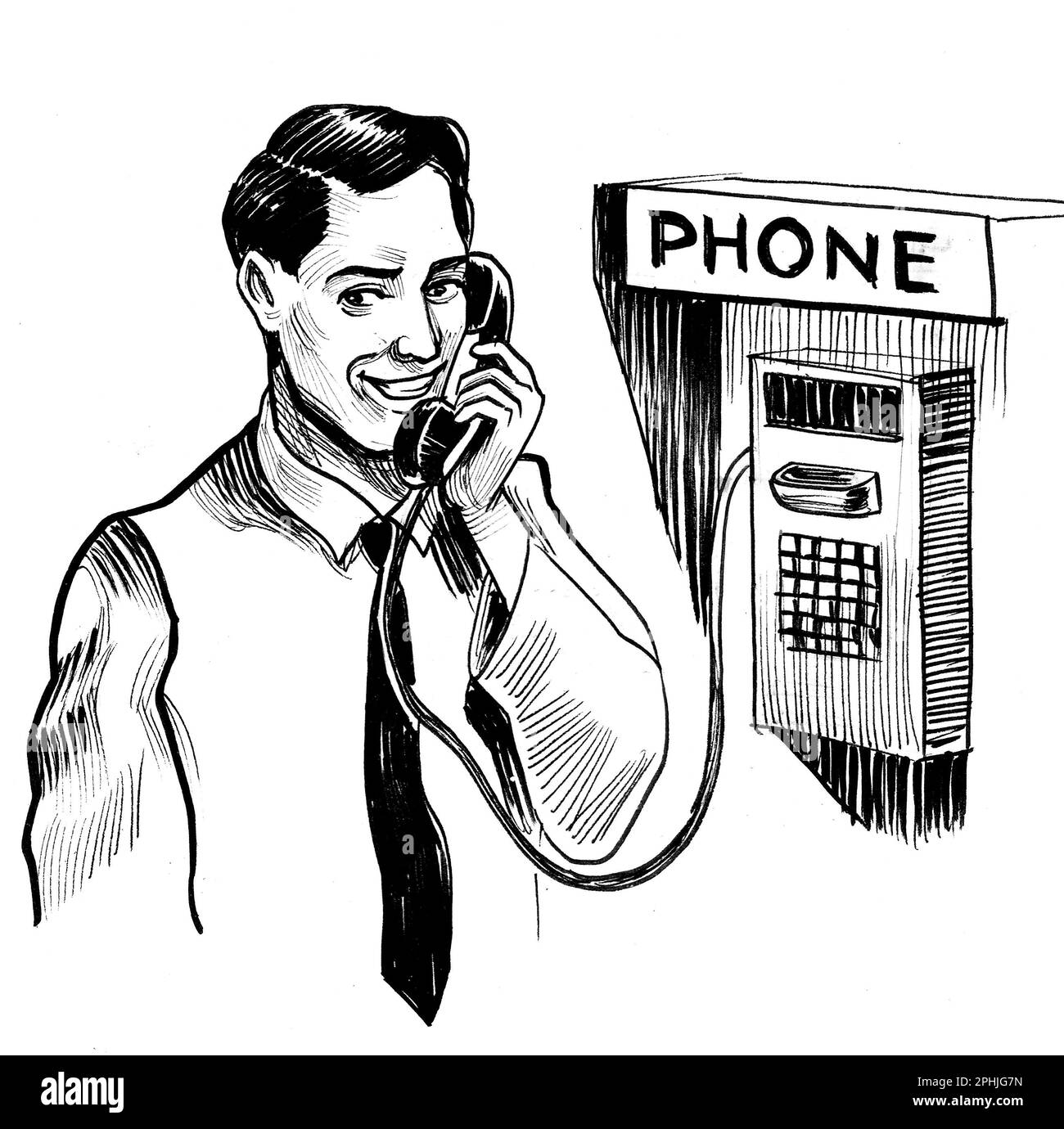 Man speaking over retro payphone. Ink black and white drawing Stock ...